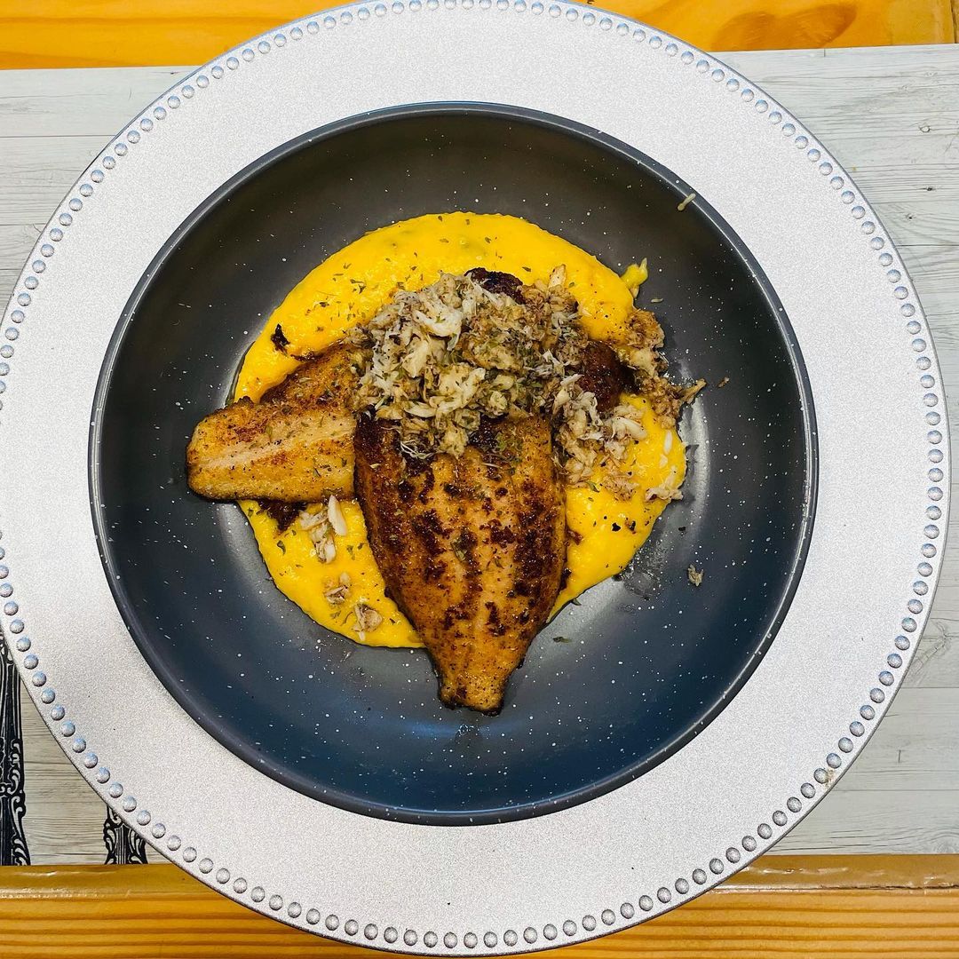Pan Seared Catfish over Popcorn Grits Topped With Brown Butter Blue Cr ...